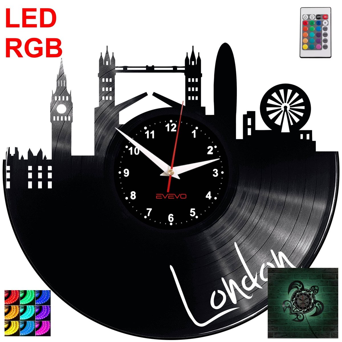 Londyn Zegar Ścienny Podświetlany LED RGB Na Pilota Płyta Winylowa ...