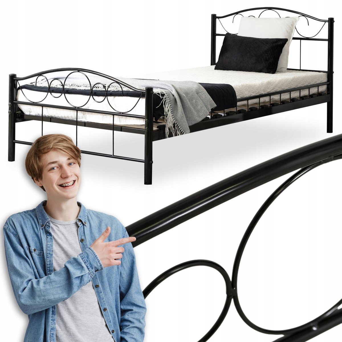 Łóżko 90x200 Metalowe Jednoosobowe Pojedyncze Młodzieżowe Czarne ...