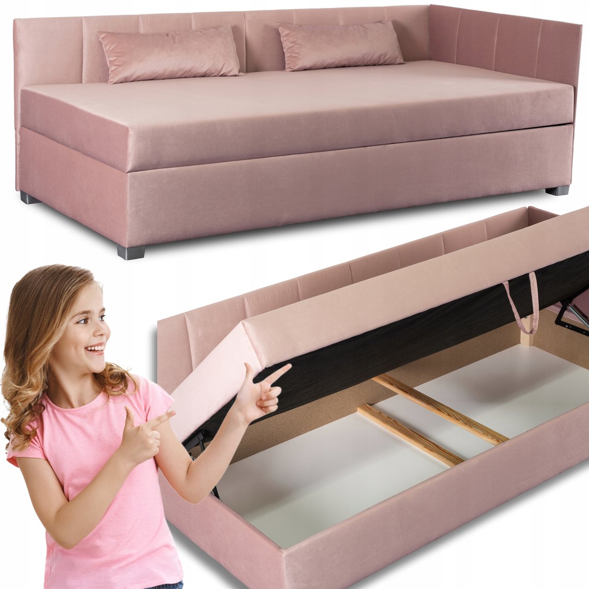 Łóżko 90x200 Młodzieżowe Tapicerowane Pojedyncze Dla Dziewczynki Róż ...