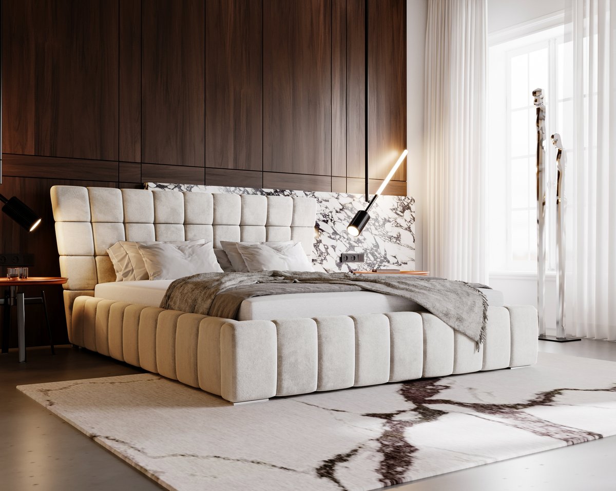 Łóżko nowoczesne z pojemnikiem 180x200 Deluxe - łóżko tapicerowane podwójne - Beżowy (Magic ...