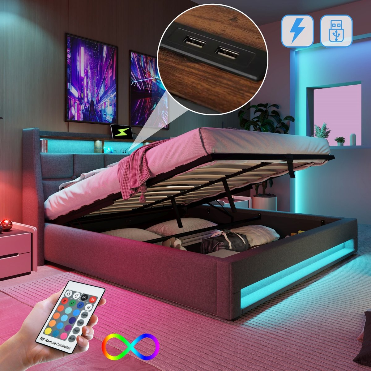 Łóżko tapicerowane z USB 180x200cm, łóżko dwuosobowe LED z metalowym ...