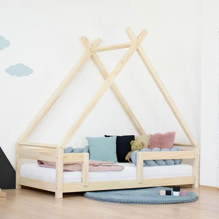 Łóżko Tipi dla dzieci z barierką z naturalnego litego drewna 90 x 180 ...