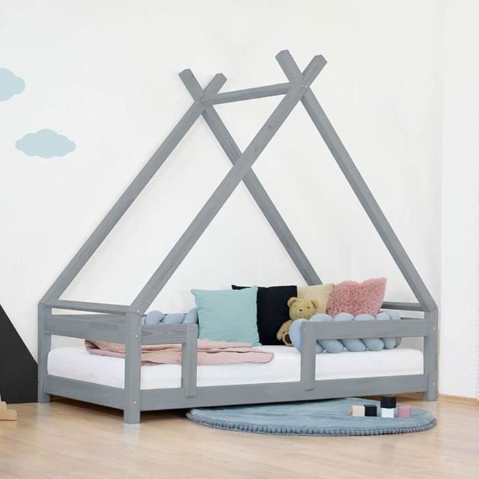 Łóżko Tipi dla dzieci z szarą barierką z litego drewna 90 x 200 cm ...