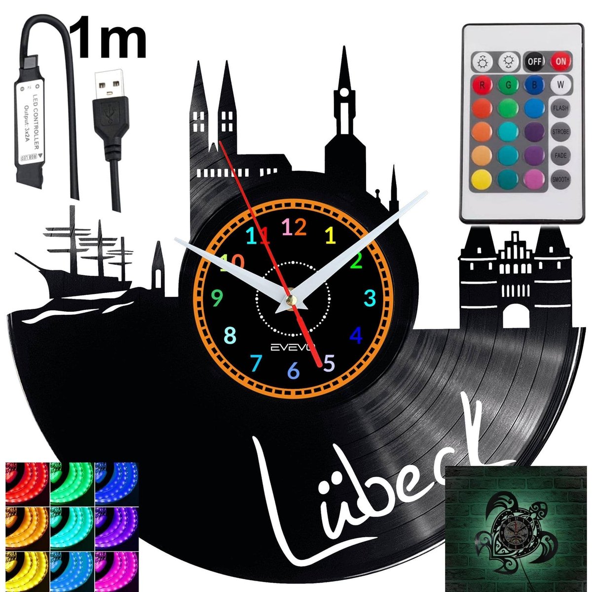 Lubeck Zegar Ścienny Podświetlany LED RGB Na Pilota Płyta Winylowa ...