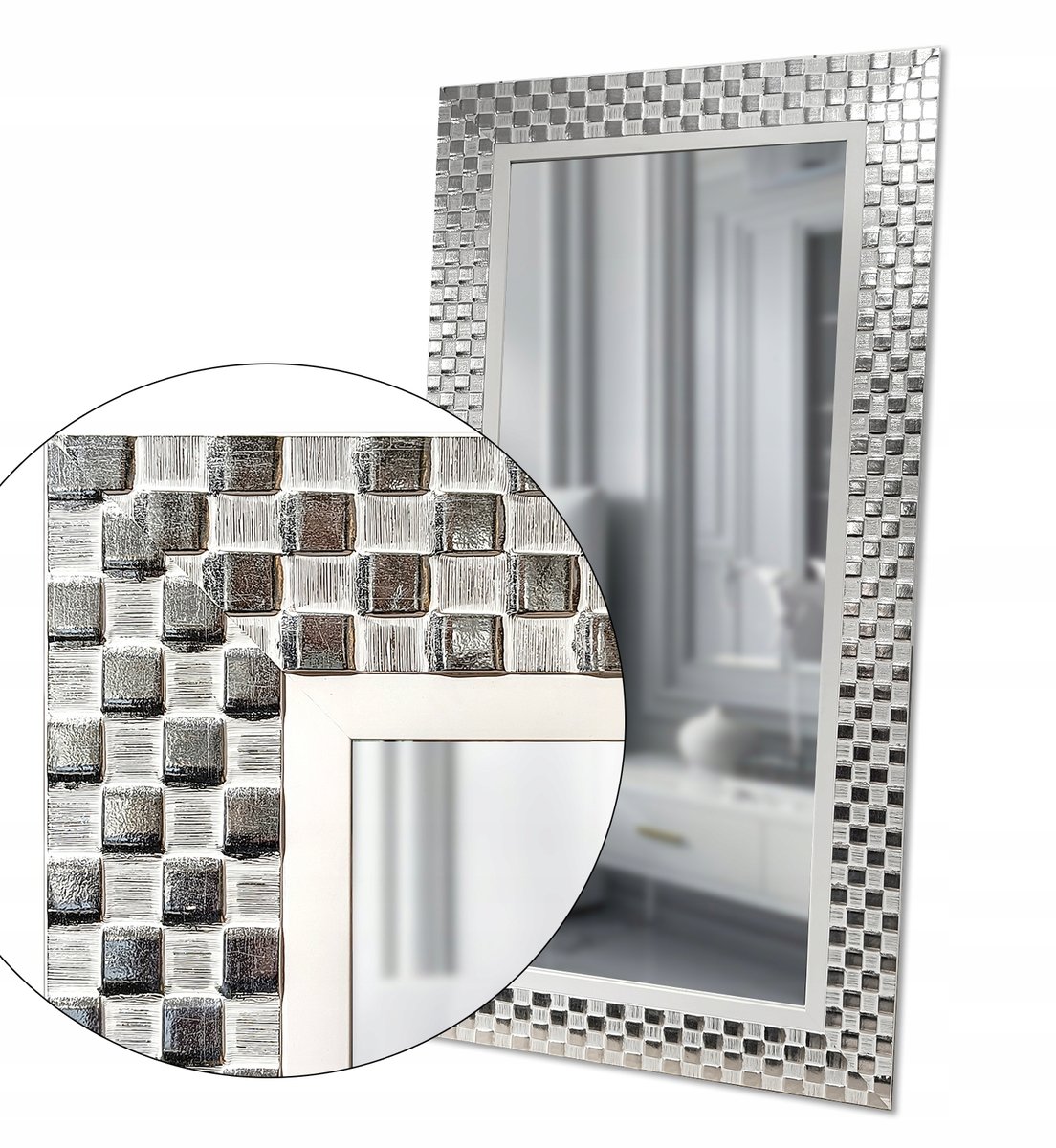 Luksusowe lustro w grubej drewnianej ramie 180x60 BIAŁA Szachownica ...