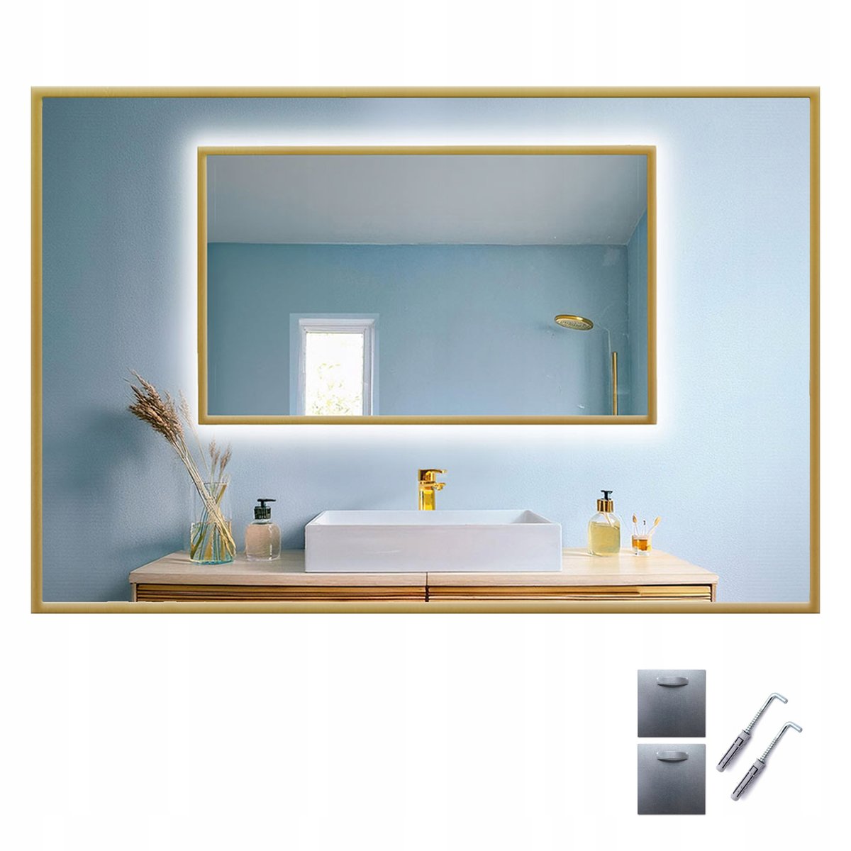 LUSTRO LED COB 480 LED/1m W ZŁOTEJ RAMIE ALUMINIOWEJ ELEGANCKIE 100x80 ...