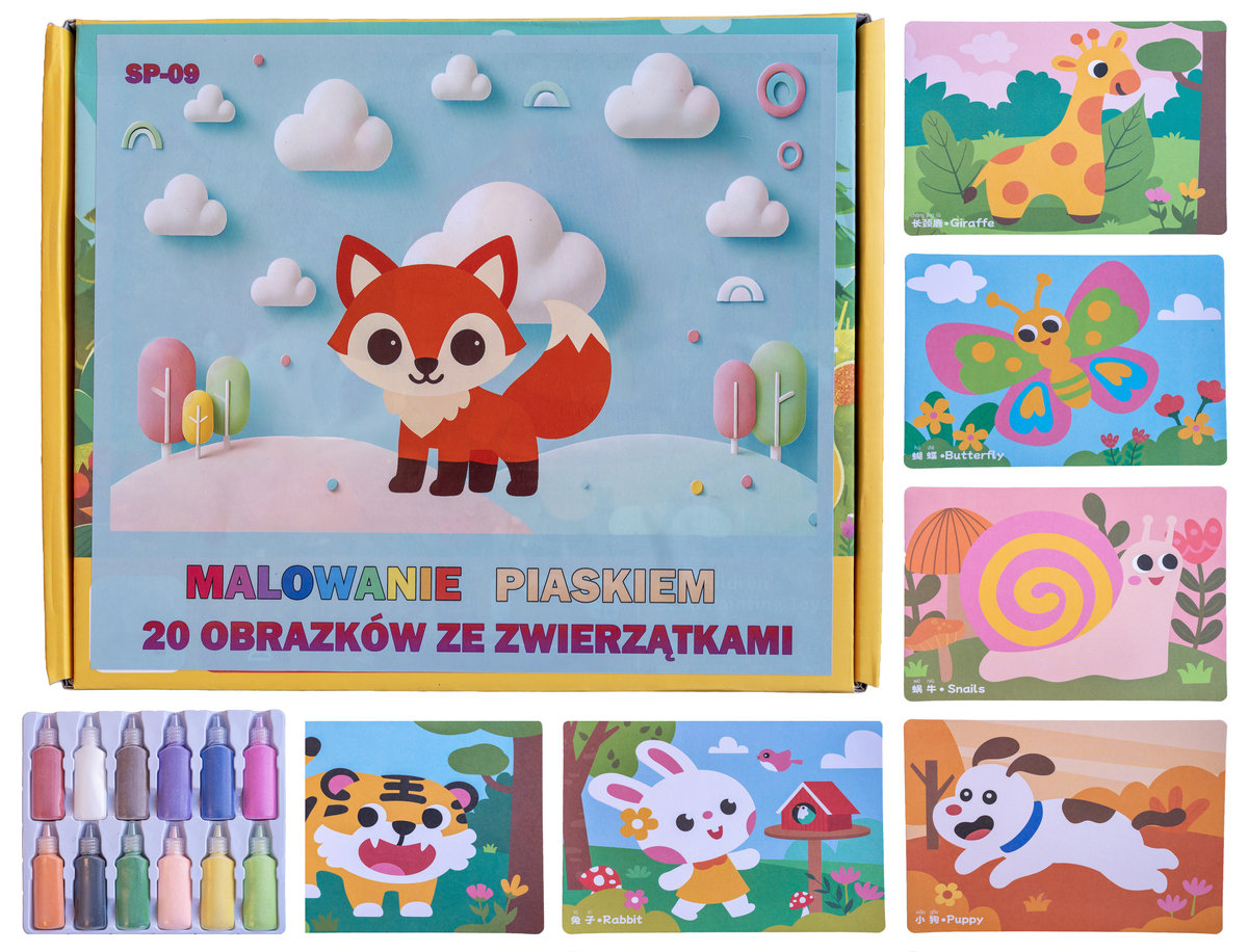 MALOWANIE PIASKIEM Piaskowe Obrazki 20 Obrazków Zwięrzęta Zwierzątka ...