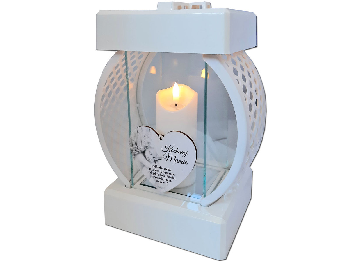 Mama Mamie Znicz Lampion Koło Rtn Gładki Biały Serce Dr+Świeca Led ...