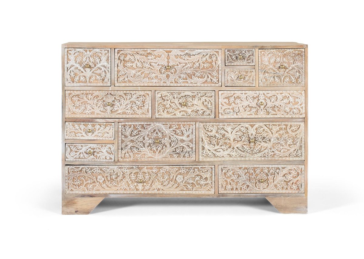 Mango wood chest of drawers with 14 hand-carved and painted drawers ...