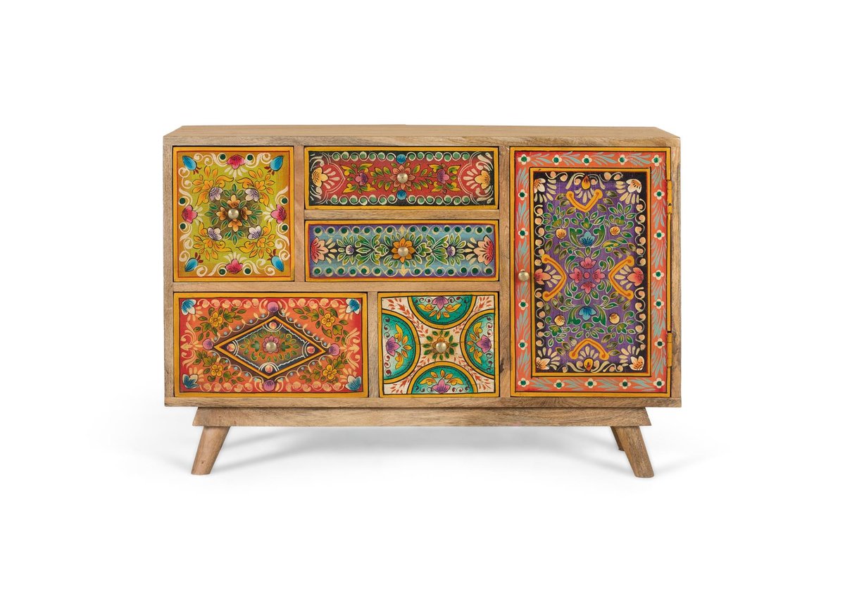 Mango wood chest of drawers with 6 multi-colored hand-painted drawers ...