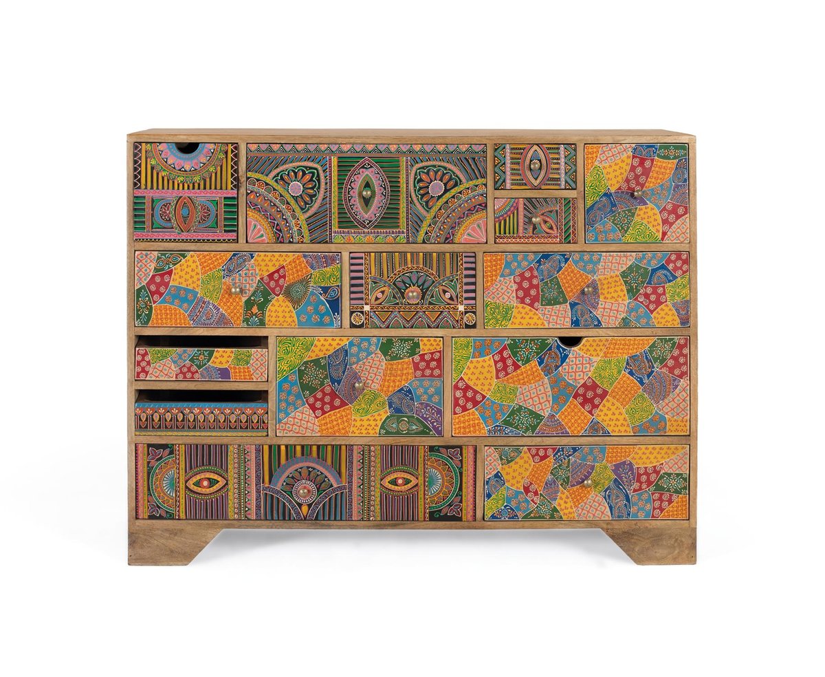 Mango wood chest of drawers with hand-painted details, 120 cm - giner ...
