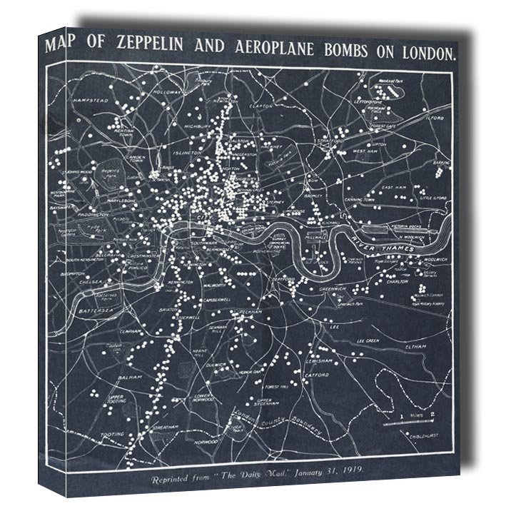 Map of Zeppelin and aeroplane bombs on London, Herbert Green - obraz na ...