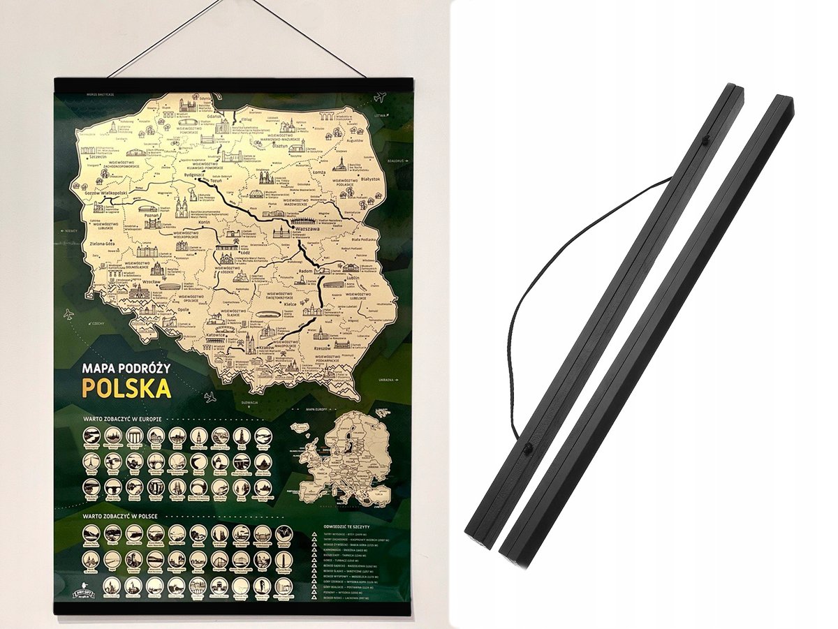 Mapa ZDRAPKA POLSKA + RAMKA DREWNIANA MAGNETYCZNA Polski 60x40 Prezent ...