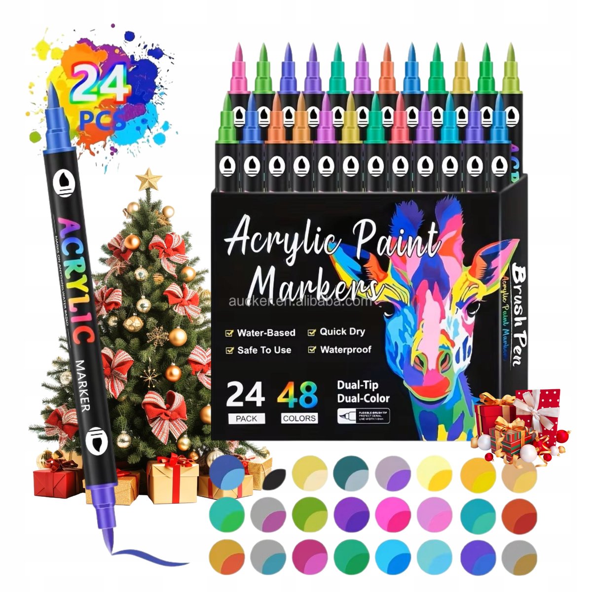MARKERY AKRYLOWE 48 KOLORÓW 24szt. DWUSTRONNE WODOODPORNE MAZAKI FARBY ...