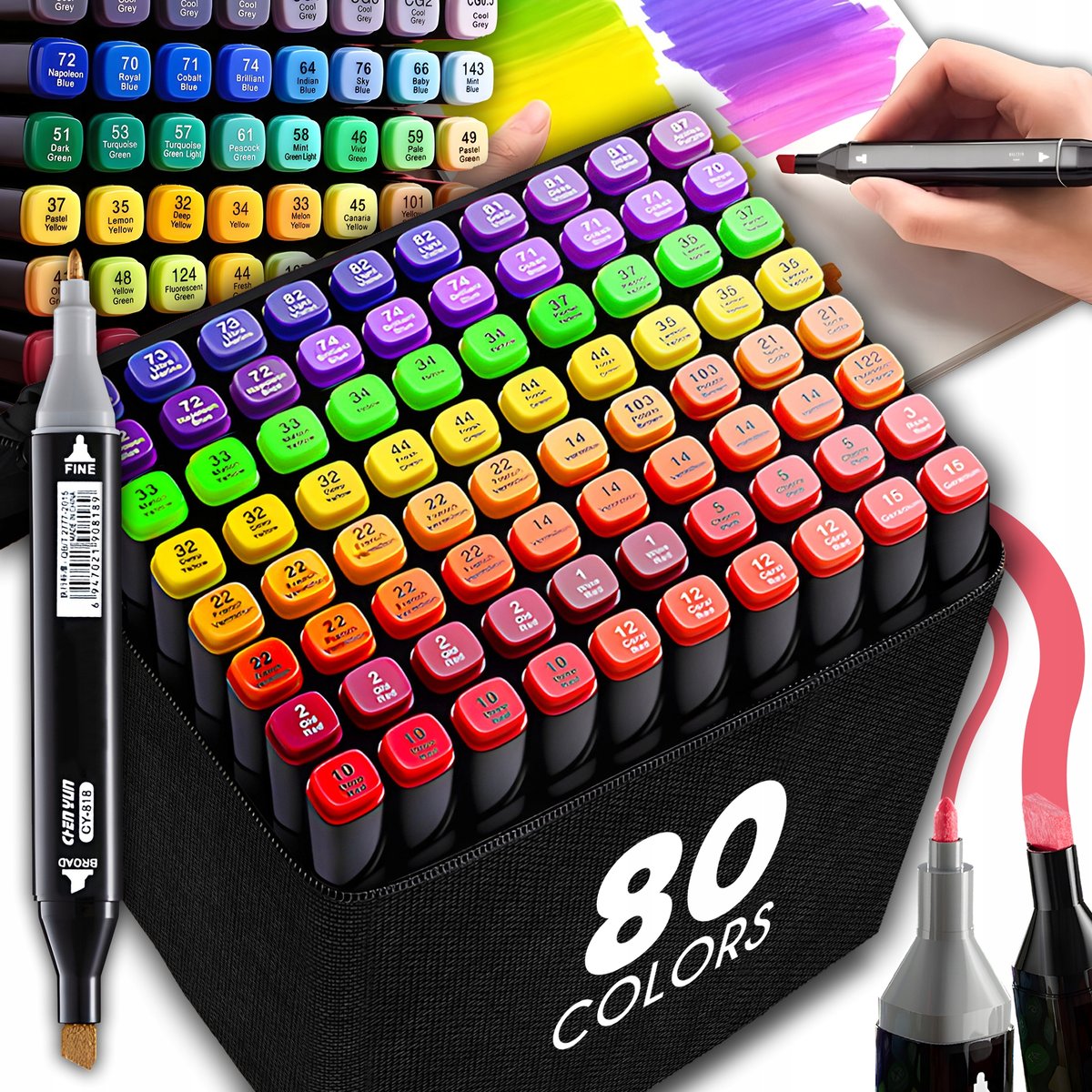 MARKERY ALKOHOLOWE DWUSTRONNE FLAMASTRY PISAKI MAZAKI ZESTAW 80 SZTUK ...