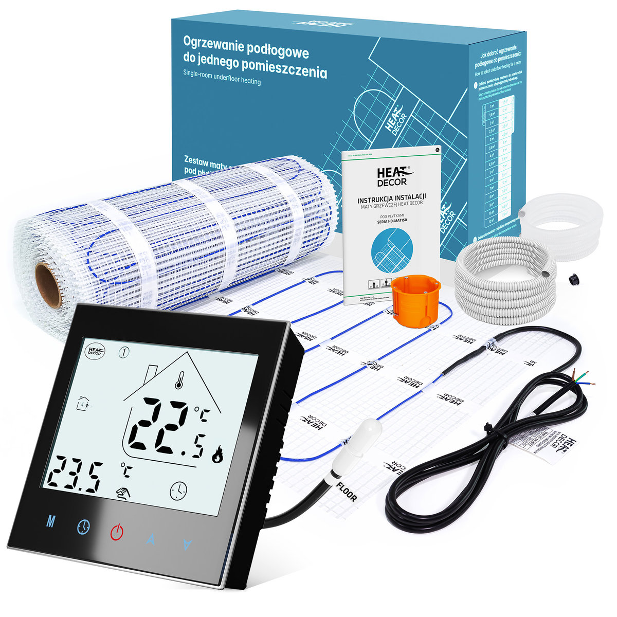 Mata Grzewcza HD-MAT | Termostat T1000.B | 150 W/m² | Zestaw 1 m² - HEAT DECOR | Sklep EMPIK.COM