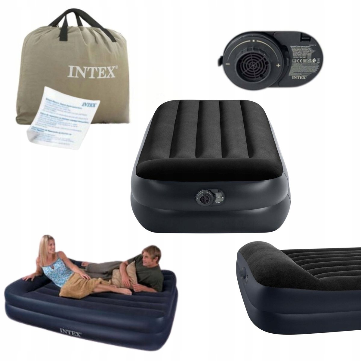 Materac dwuosobowy INTEX dmuchany pompka elektryczna 203cm czarny ...