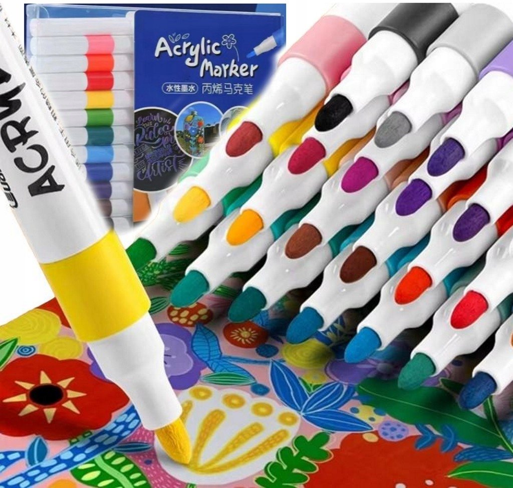 MAZAKI AKRYLOWE 12SZT FLAMASTRY PISAKI DO MALOWANIA KAMIENI KOLOROWY ...