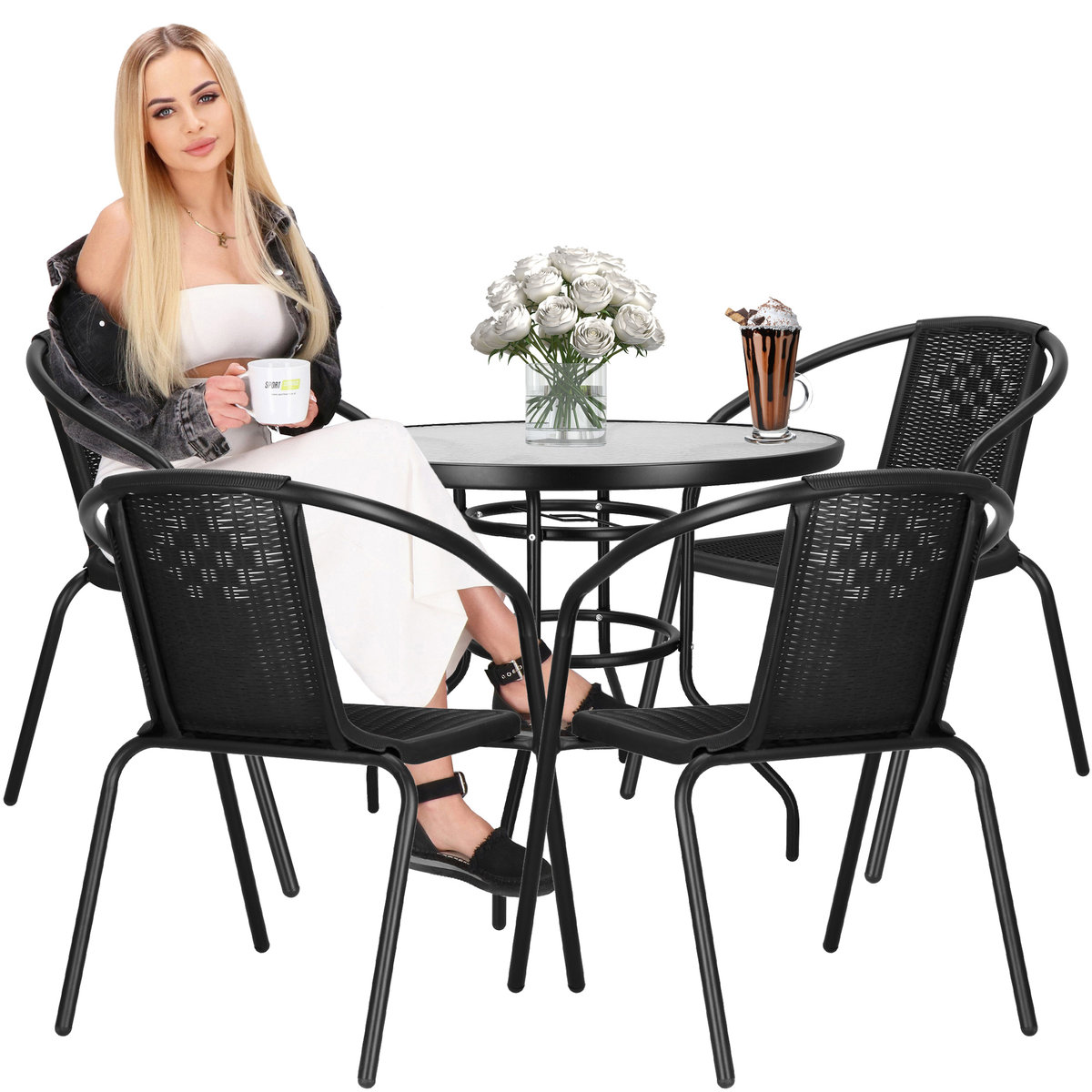 Meble na balkon: stolik kawowy, 4 krzesła metalowe do ogrodu czarne - Springos | Sklep EMPIK.COM