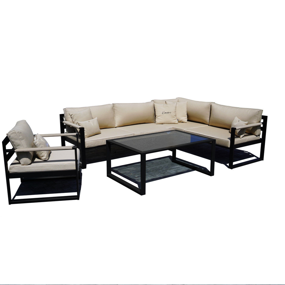 Meble ogrodowe BRYGIDA | narożnik 250x200 + fotel + stolik | czarna stal, SUMBA 7051 - kolor ...