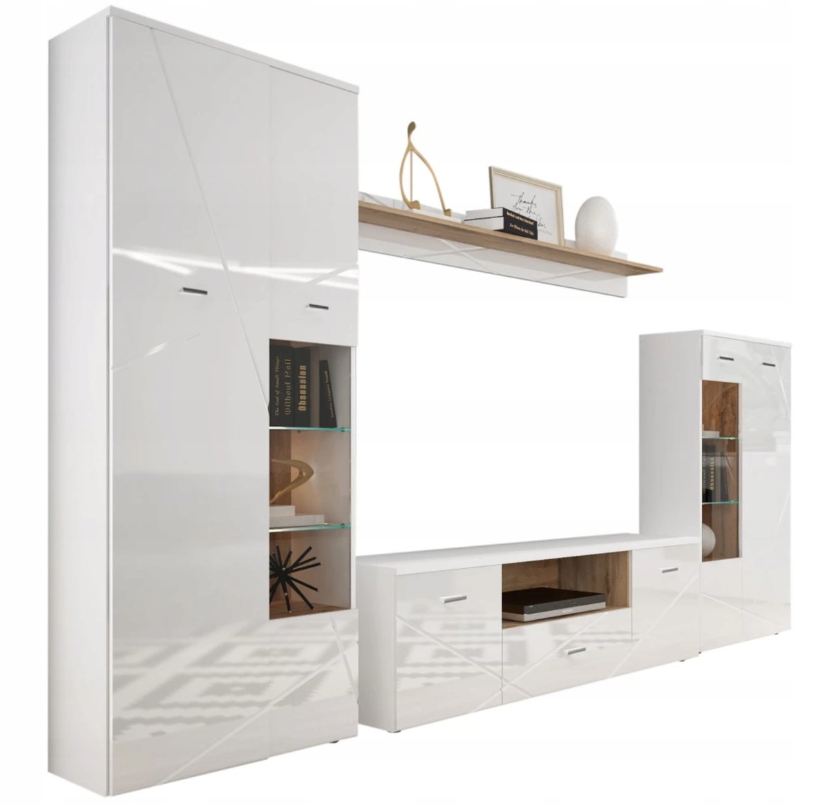 Meblościanka KROSH MDF biały połysk 310cm szafka RTV komoda regał półka ...