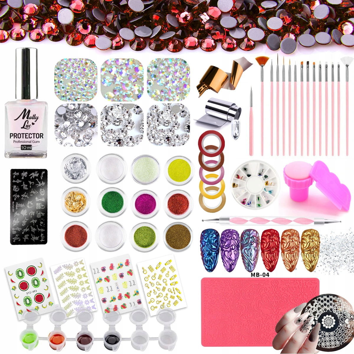 Mega zestaw do zdobienia paznokci – cyrkonie blaszka pędzelki pyłki ...