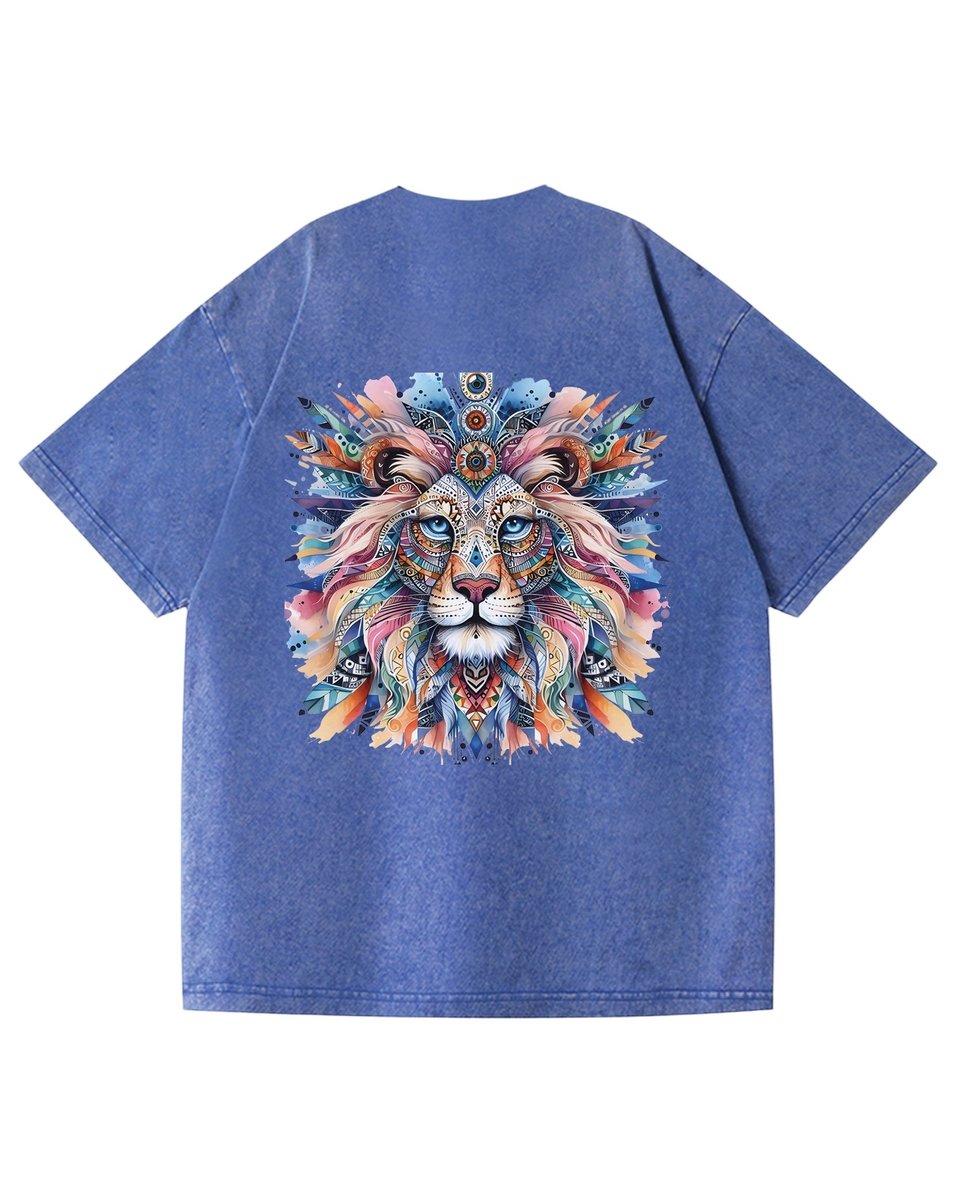 Męska koszulka oversize efekt sprania Artystyczny Kolorowy Lew ...