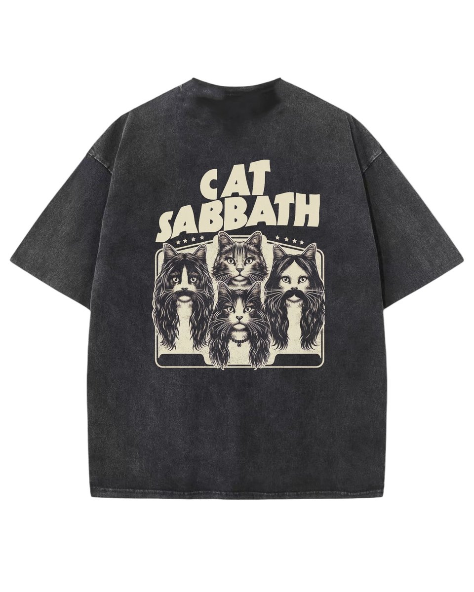 Męska koszulka oversize efekt sprania Cat Sabbath Parodia Czarna M ...