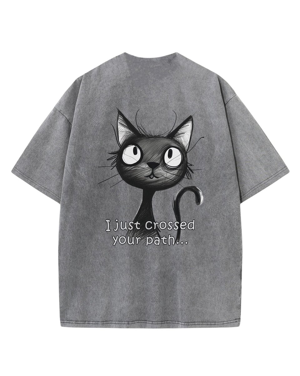 Męska koszulka oversize efekt sprania Czarny Kot Słodki Grafitowa M ...