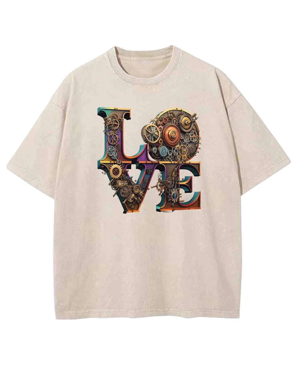 Męska koszulka oversize efekt sprania Miłość Love Steampunk Beżowa M ...