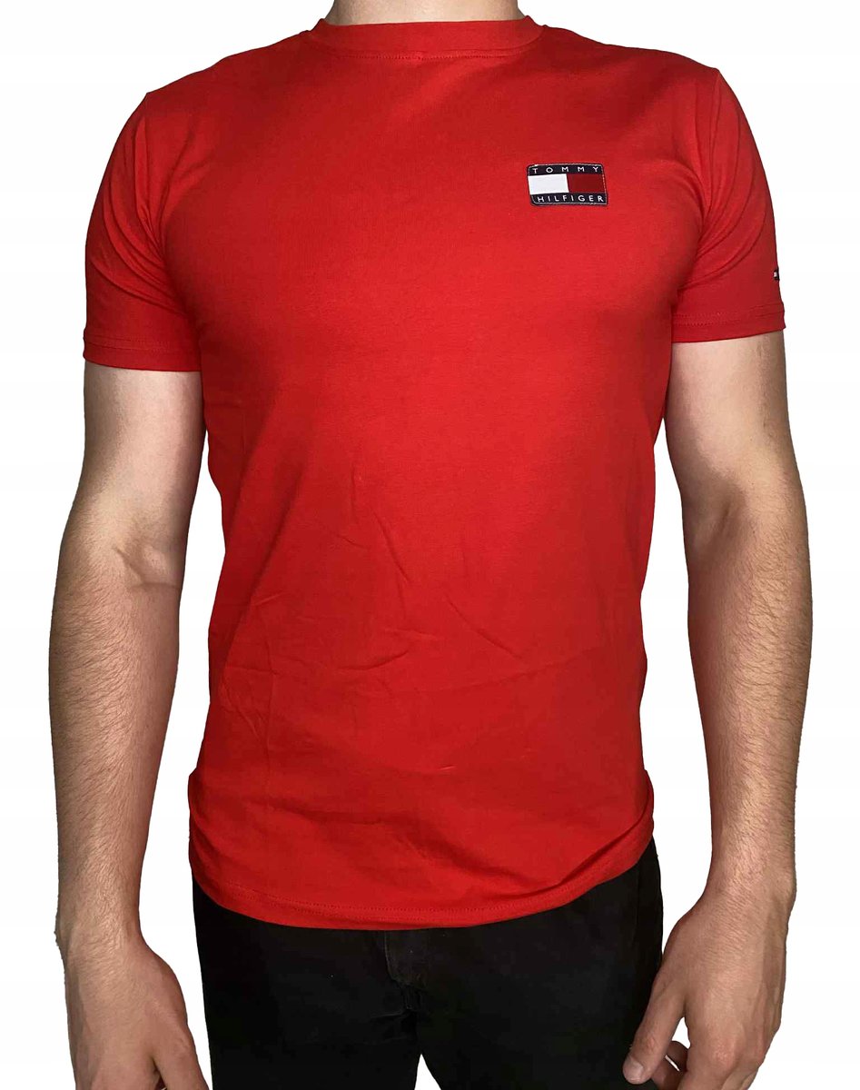 Męski T-shirt Bawełniany Czerwona Koszulka TOMMY HILFIGER z Logo Ładna ...