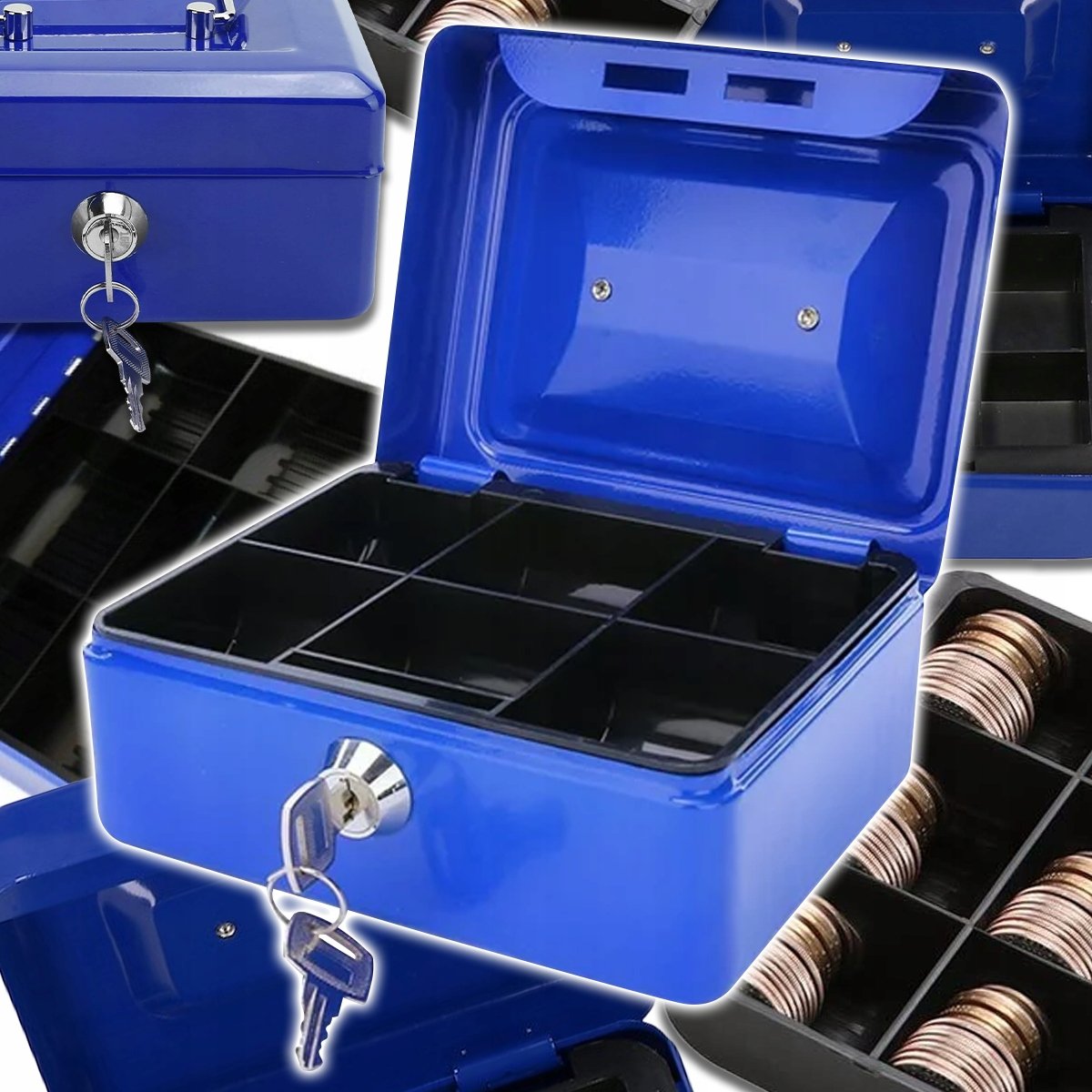 METALOWA KASETKA NA PIENIĄDZE MINI SEJF KLUCZYKOWY NIEBIESKA ...