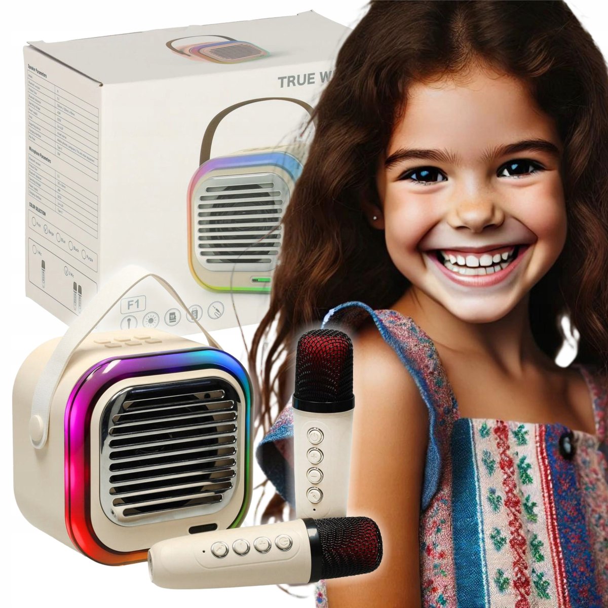 Mikrofony i Głośnik do Karaoke BLUETOOTH USB LED Zestaw dla 2 Osób Duet ...