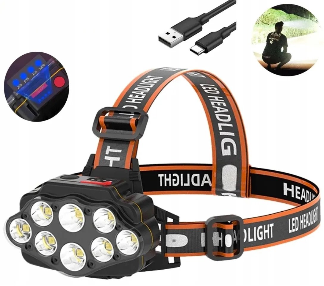 MOCNA LATARKA CZOŁOWA 8X LED | USB, WODOODPORNA, LEKKA - Inna marka ...