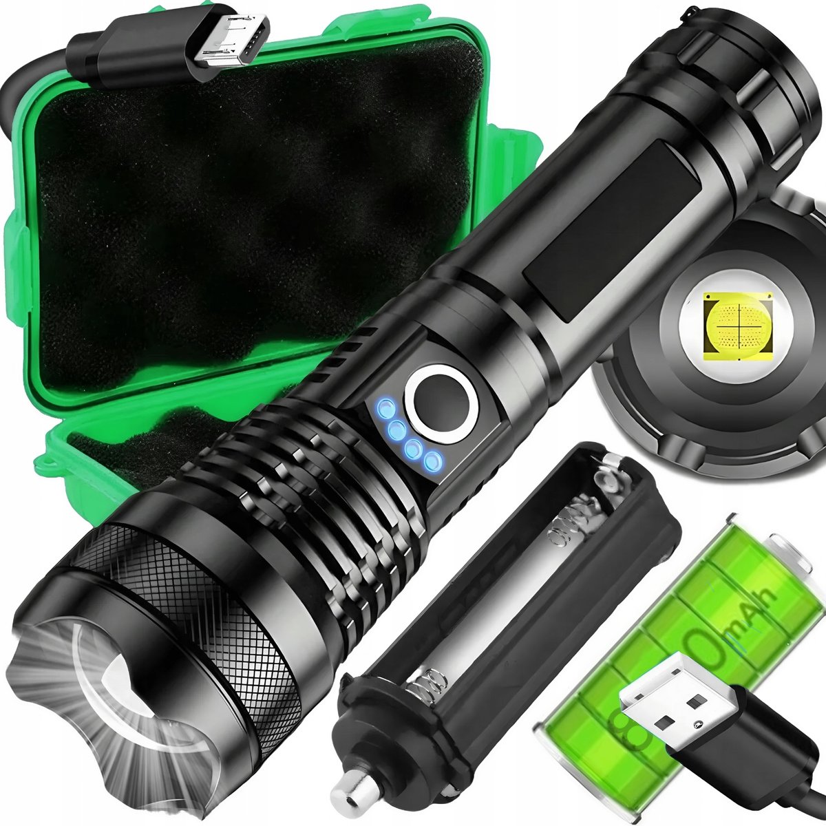 MOCNA LATARKA TAKTYCZNA LED XHP50 ZOOM SURVIVALOWA CREE AKUMULATOROWA ...