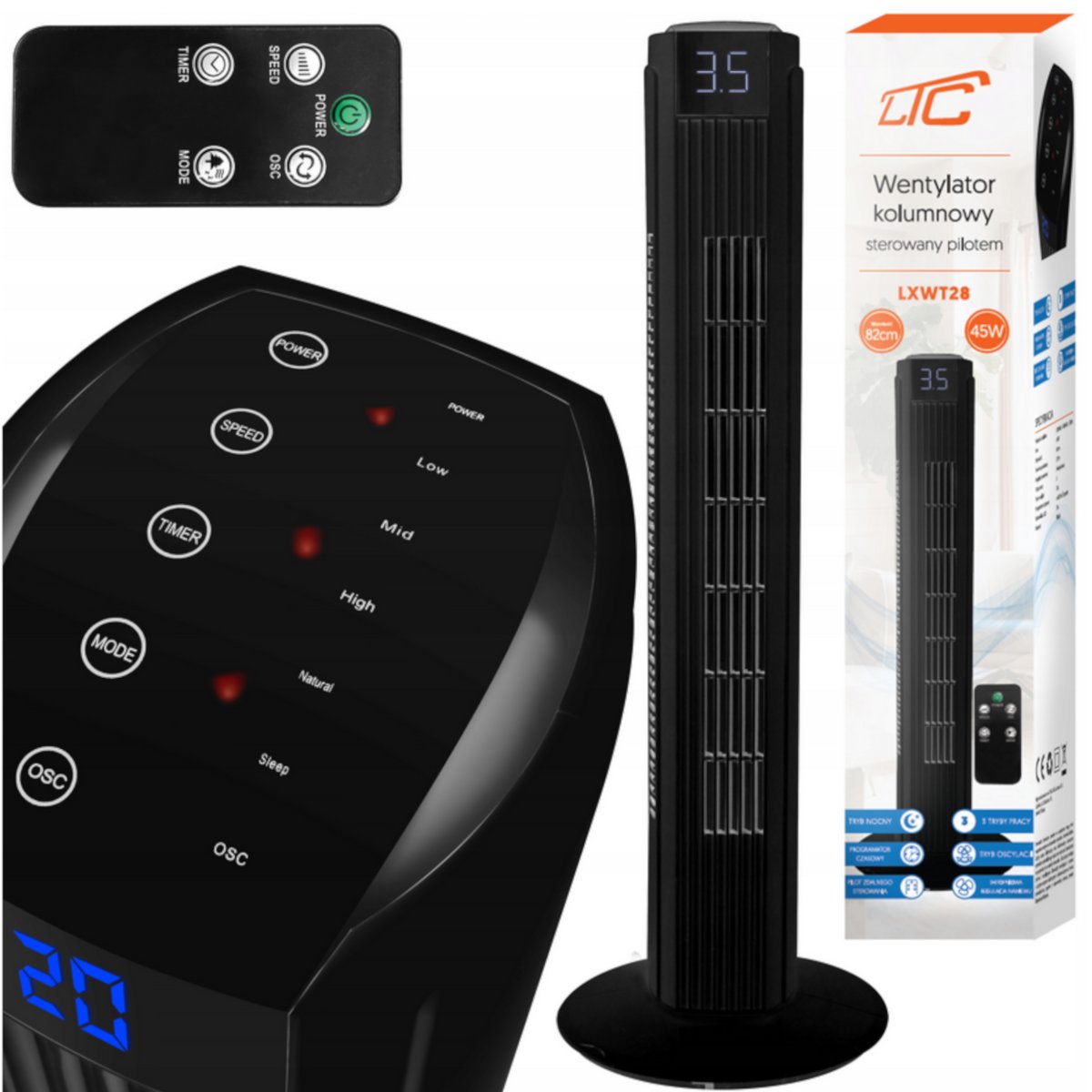 MOCNY WENTYLATOR KOLUMNOWY WIATRAK STOJĄCY PODŁOGOWY OSCYLACJA TIMER ...