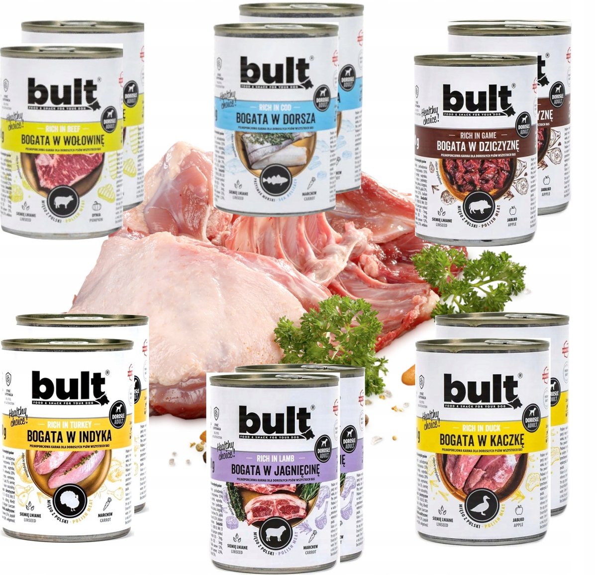 MOKRA KARMA DLA PSA 12 x 800g. 6 SMAKÓW BULT MIX 75% MIESA KARMA W ...