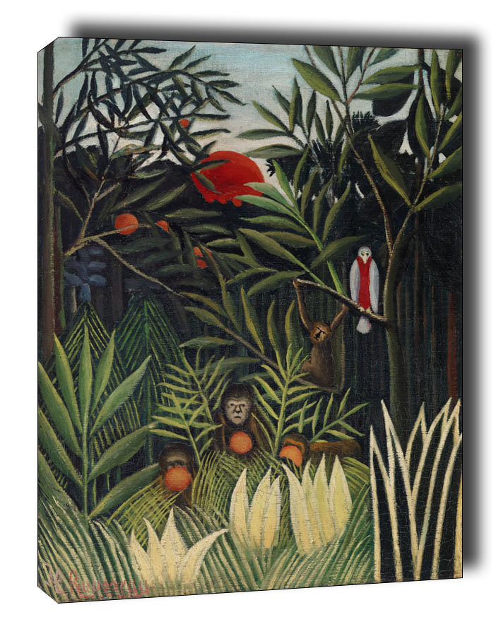Monkeys and Parrot in the Virgin Forest - obraz na płótnie 90x120 cm ...