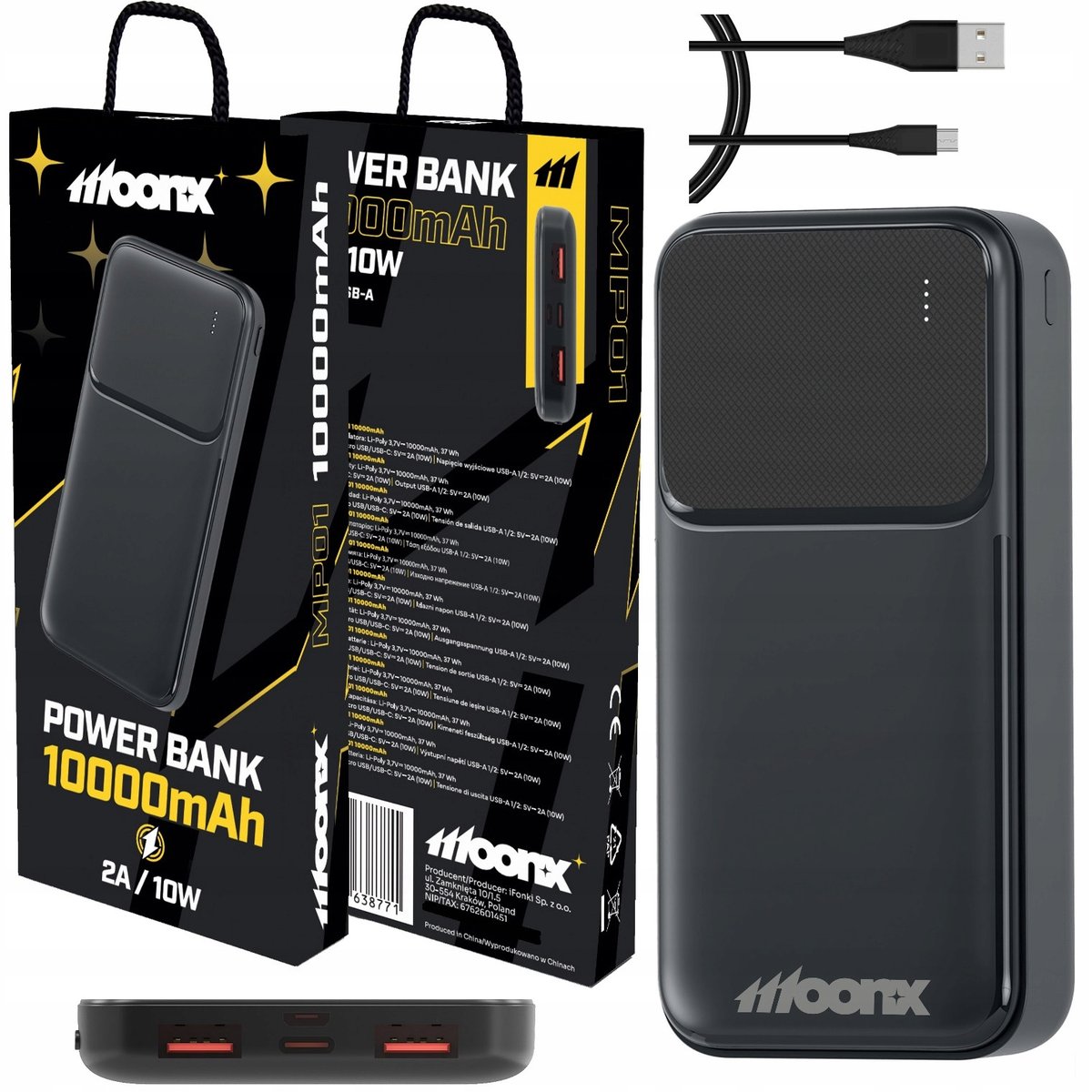 MOONX POWERBANK 10000 MAH 10W 2x USB SZYBKI MOCNY + KABEL USB - Inna marka | Sklep EMPIK.COM