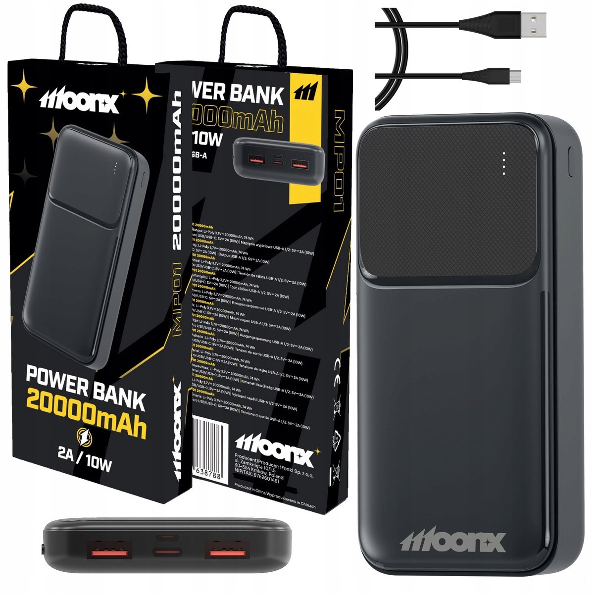 MOONX POWERBANK 20000 MAH 10W 2x USB SZYBKI MOCNY + KABEL USB - Inna marka | Sklep EMPIK.COM