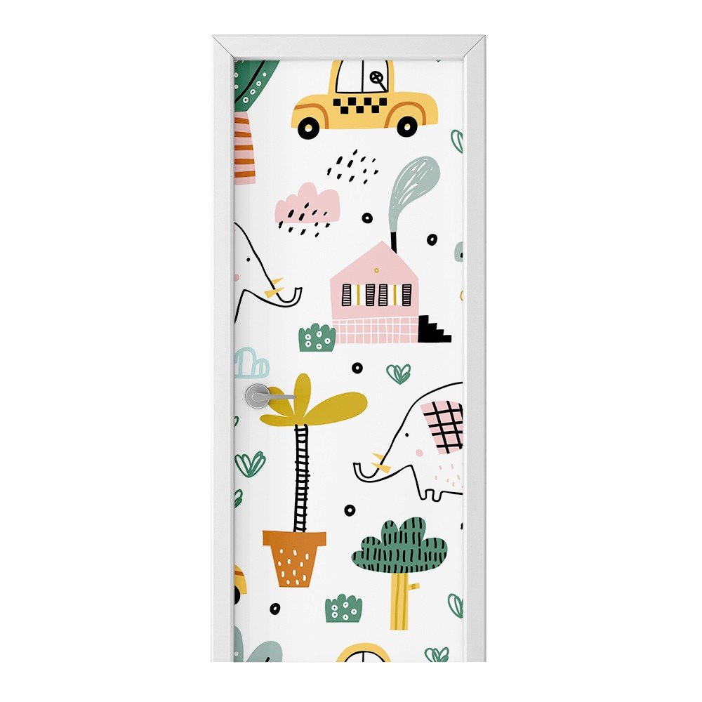 Naklejka na drzwi HOMEPRINT Rysunki dom, taxi, słoń 95x205 cm ...