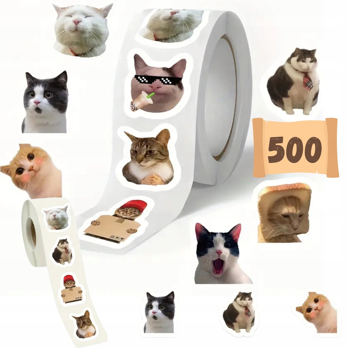 Naklejki 500 szt KOTY rolka memy wodoodporne, śmieszne wlepy mix XXL ...