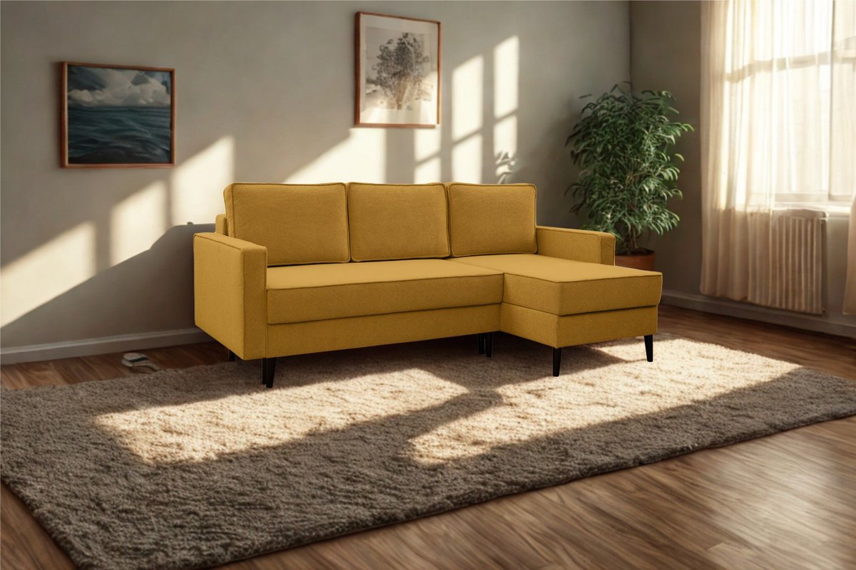 Narożnik Z Funkcją Spania I Pojemnikiem Na Pościel, Kebi Tkanina Curio Złoty Prawy - Komfortowe ...