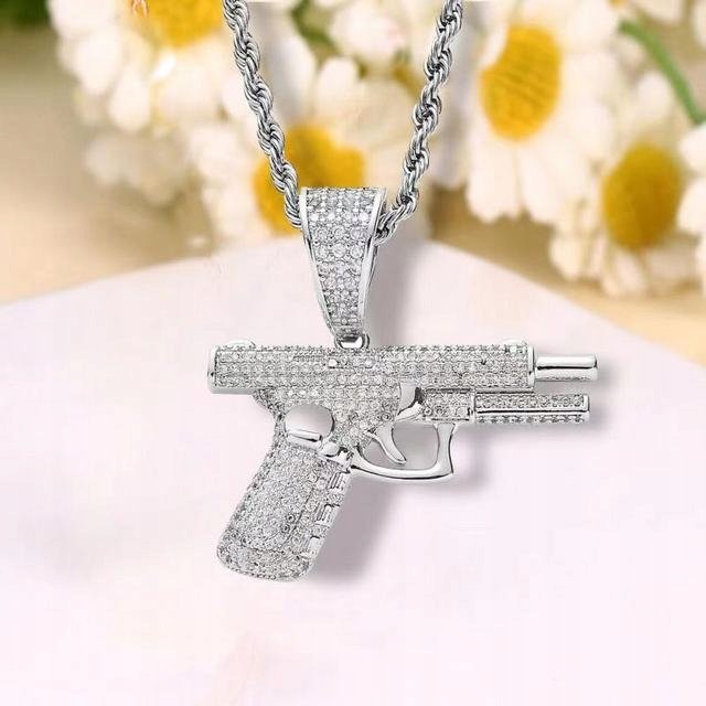 Naszyjnik wisiorek chain glock pistolet broń srebrna streetwear y2k ...