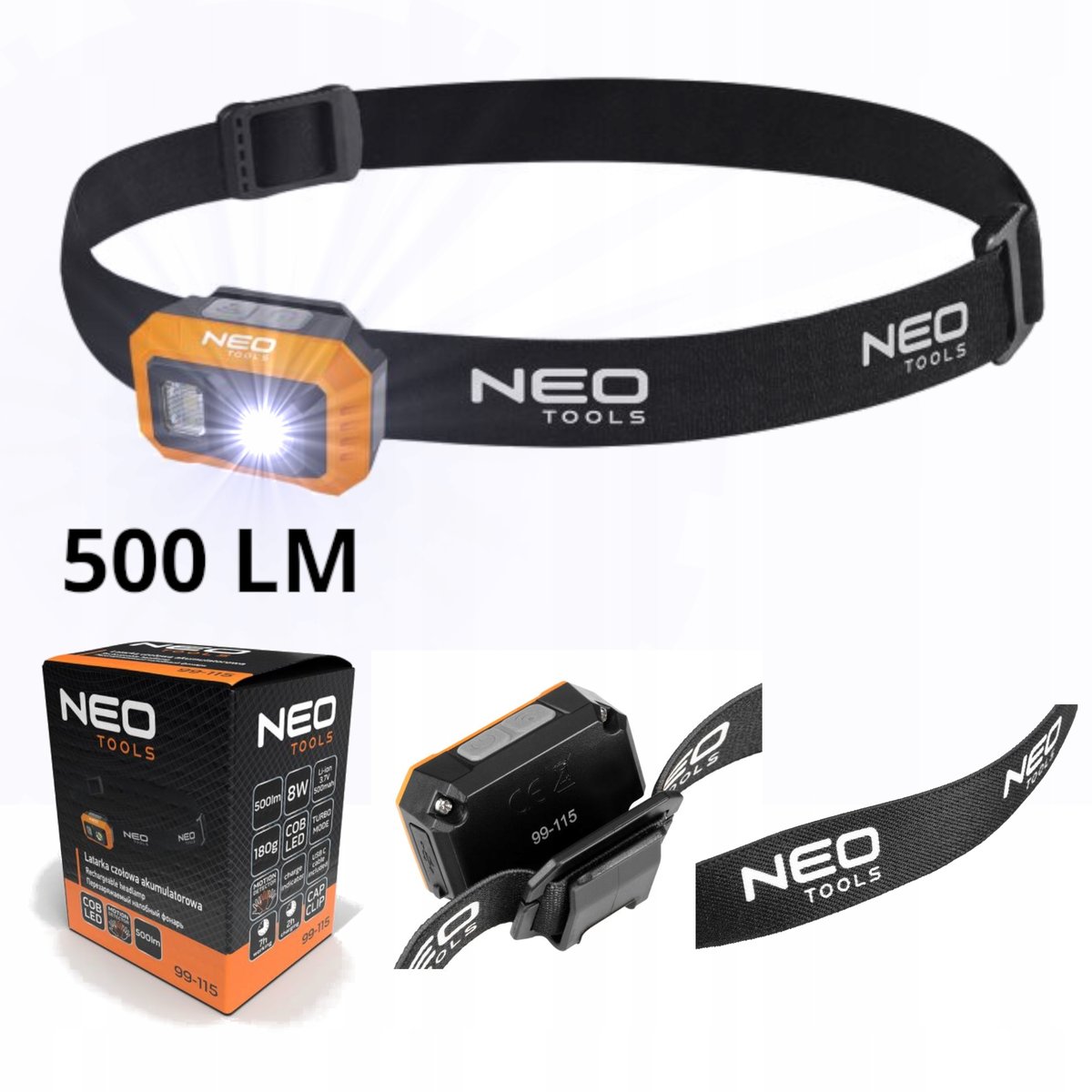 NEO TOOLS, Latarka czołowa akumulatorowa 500 lm USB COB LED 12 szt., 99 ...