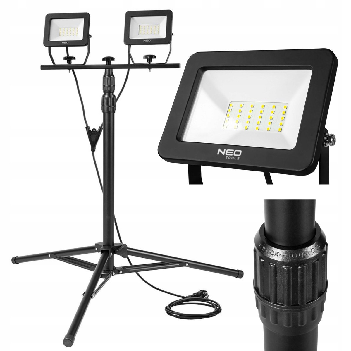 NEO TOOLS, Reflektor podwójny 2x30W SMD LED 5400lm na statywie 1.8m, 99 ...
