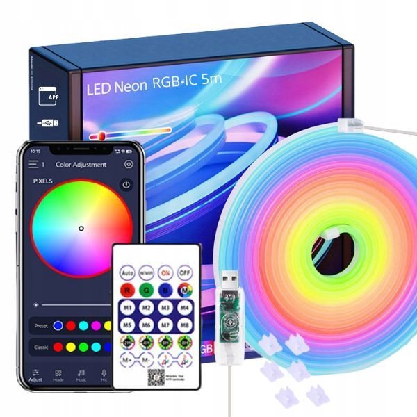 NEON LED FLEX 5V DC Aplikacja Bluetooth 5m Muzyczna Taśma LED RGB-IC ...