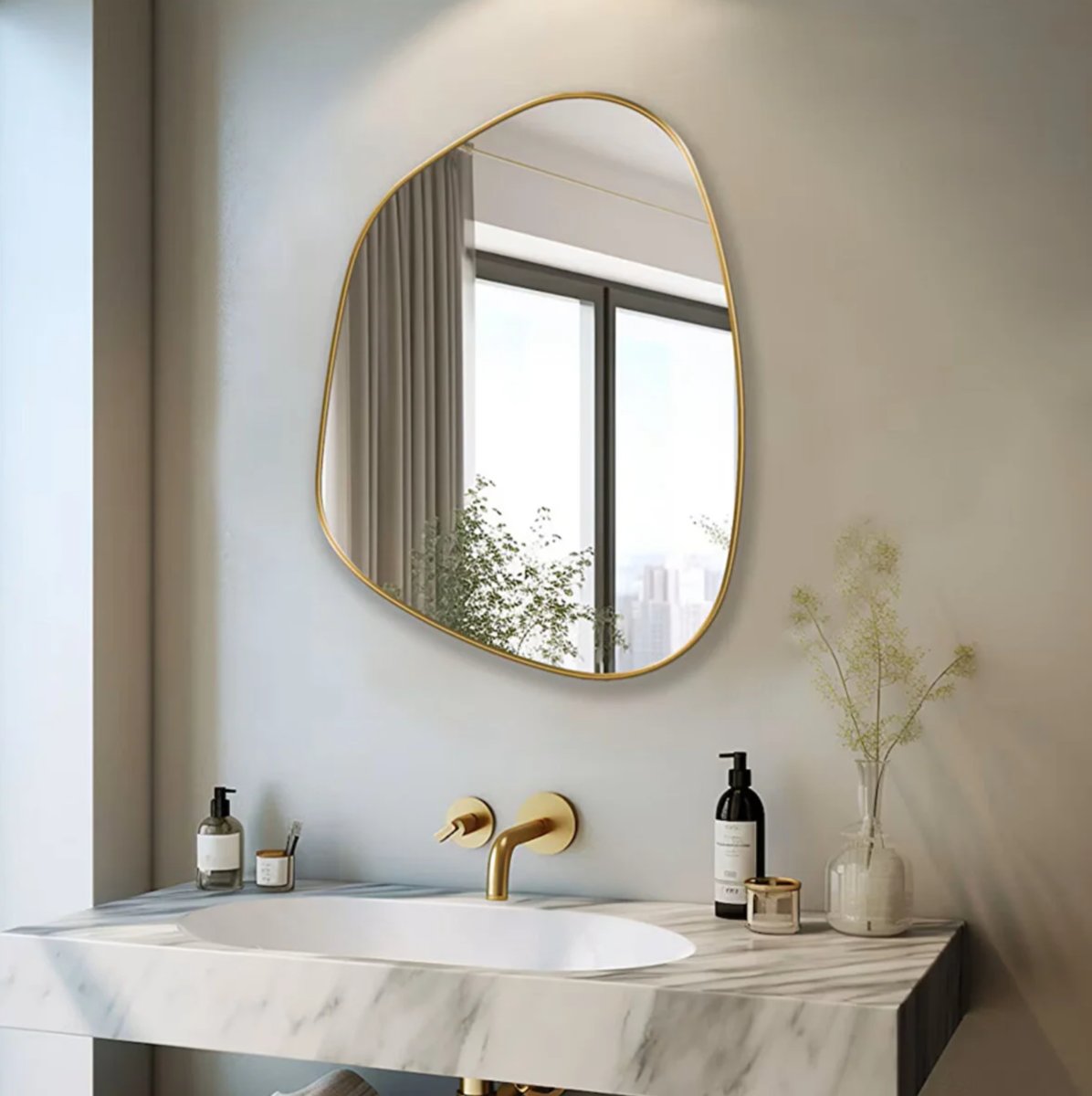 Nieregularne drewniane lustro ścienne 55x75 cm w złota ramie MDF - Inna ...