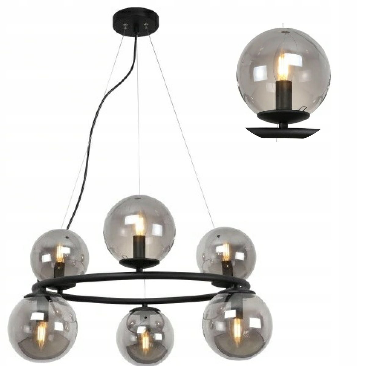 NOWOCZESNA LAMPA WISZĄCA RING DESIGN PLAFON GRAFITOWE SZKLANE KULE LOFT ...