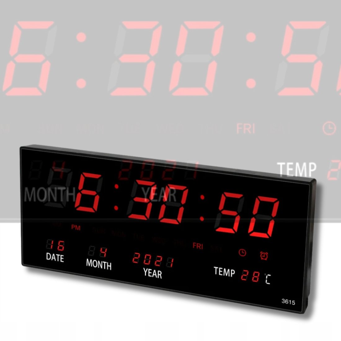 NOWOCZESNY DUŻY ZEGAR LED ŚCIENNY Z ALARMEM I POMIAREM TEMP. USB 12/24h ...